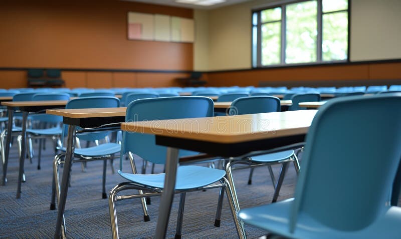 Modern Classroom with Blue Chairs and Wooden Desks in Bright Learning ...