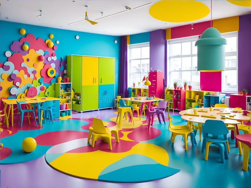 Modern Classroom with Bright Colors and Toys Stock Illustration ...