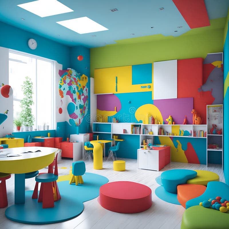 Modern Classroom with Bright Colors and Toys Stock Illustration ...