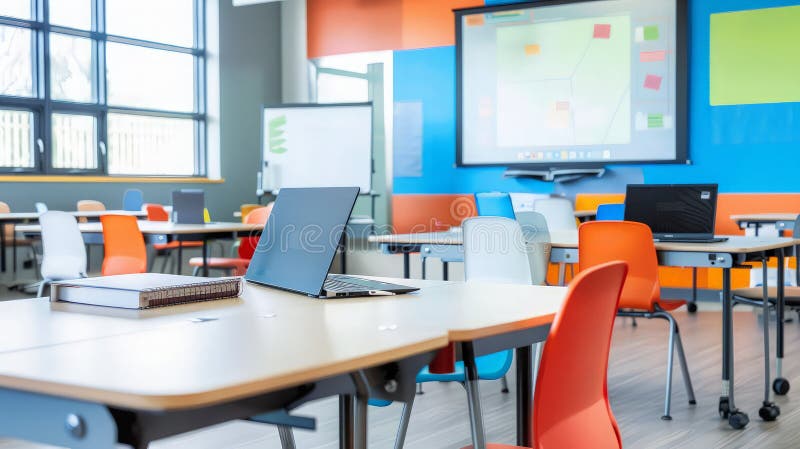 Modern Classroom with Colorful Chairs and Technology Stock Photo ...
