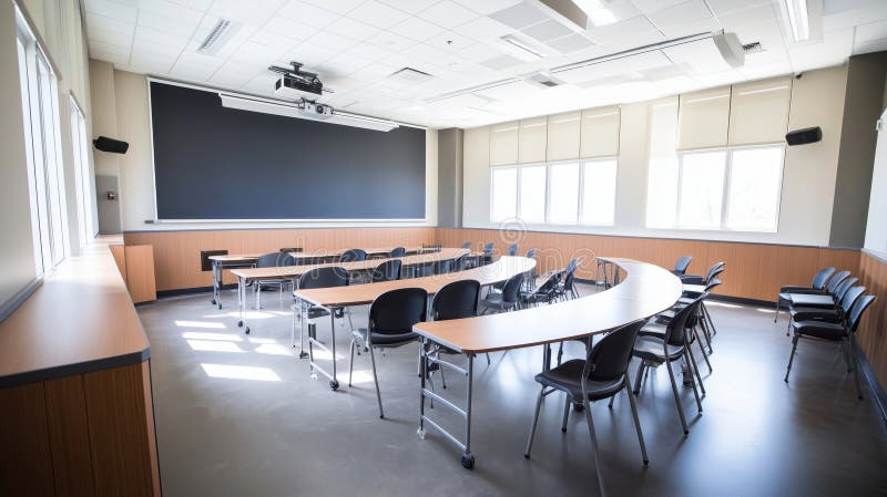 Modern Classroom Design with Flexible Seating and Large Windows Stock ...