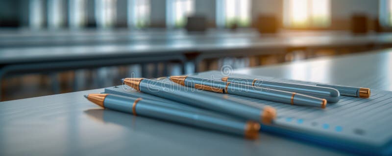 Pens on a Desk in a Modern Classroom Setting with Laptop and Notebook ...