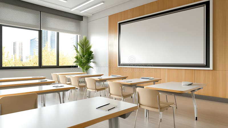 Modern Classroom with Desks, Chairs, and Large Whiteboard, Featuring ...