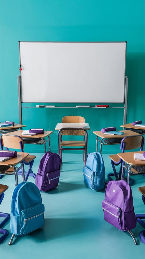 Modern Classroom with Desks, Notebooks, Backpacks, Centered Around a ...