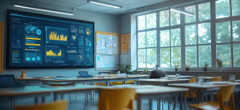 Modern Classroom with Digital Display Showcasing Data Analytics and ...