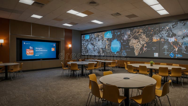 Modern Classroom with Digital World Map and Display Stock Illustration ...