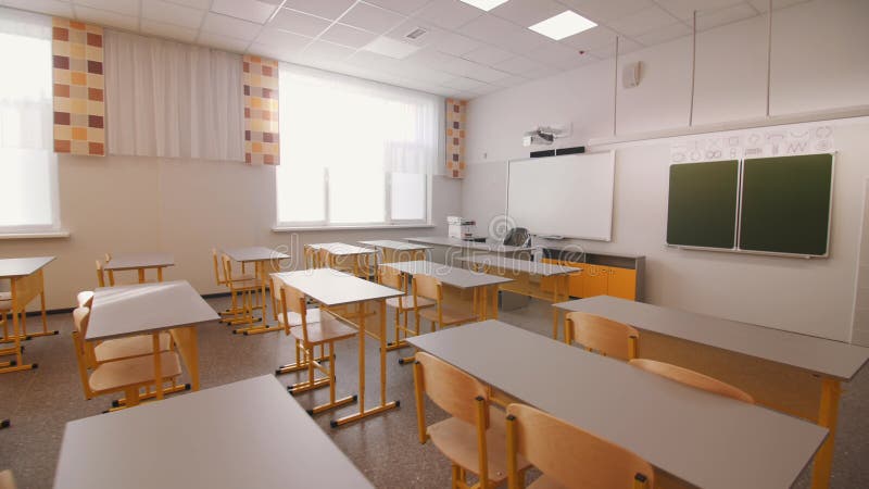Classroom with Desks Chairs and Glass Wall in School Stock Video ...