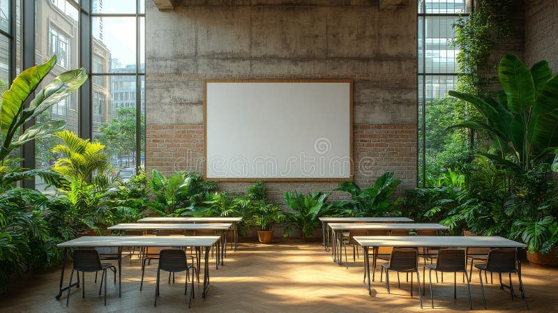 Modern Classroom with Empty White Canvas on Wall Surrounded by Green ...
