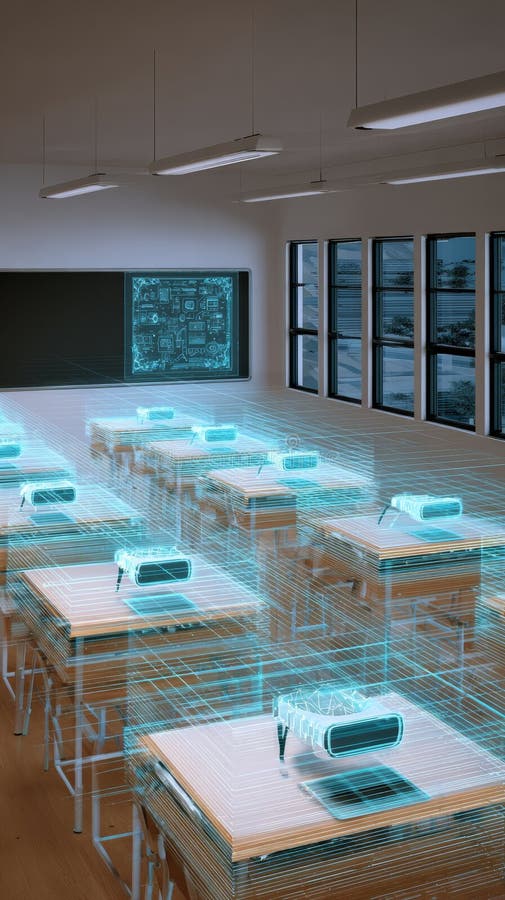Innovative Classroom with Virtual Reality Headsets, Floating Desks, and ...