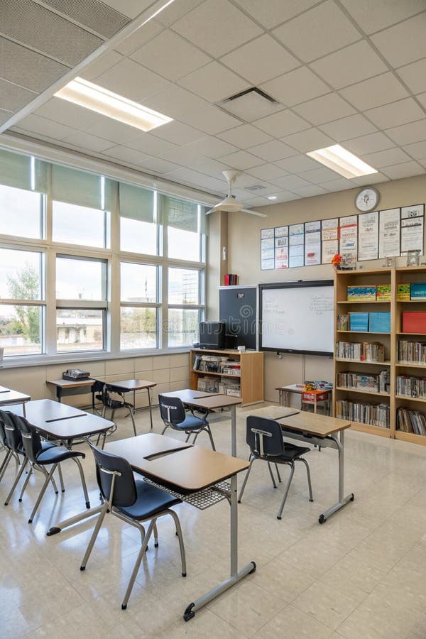 A Modern Classroom with Green Walls, Red Chairs, White Tables, and ...
