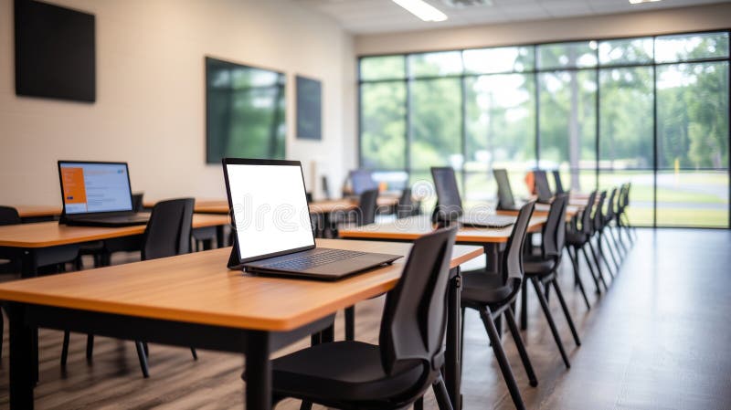 Modern Classroom Featuring Empty Desks and Laptops, Creating Focused ...