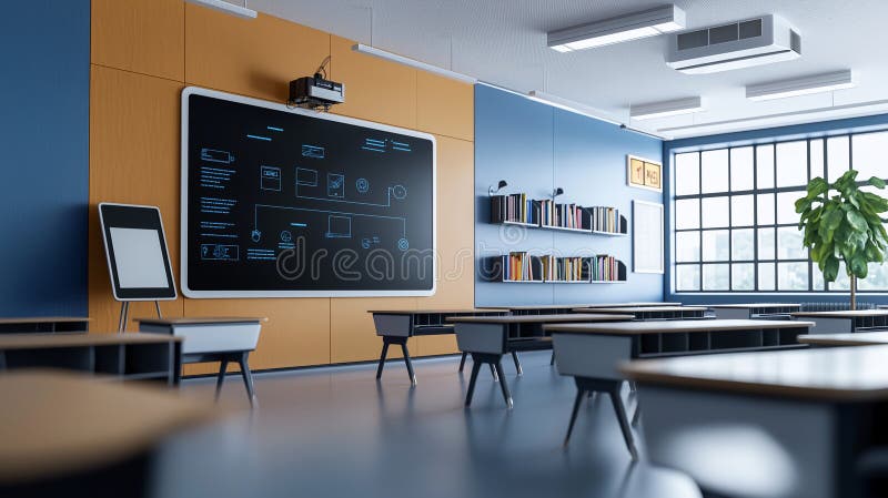 Modern Classroom Featuring Smartboard Tech Gadgets and Organized ...