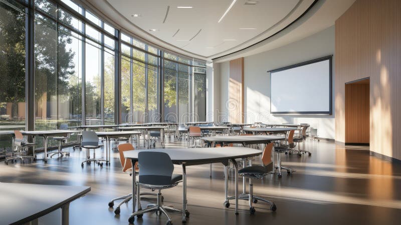 A Modern Classroom with Flexible Seating and Large Windows for Natural ...