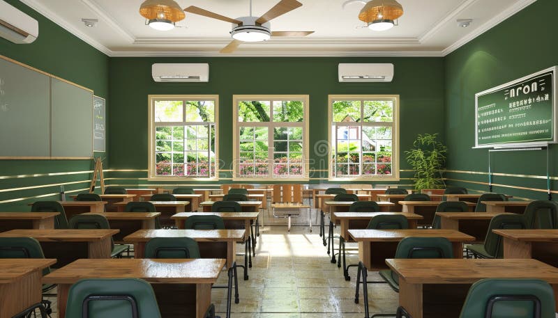 Modern Classroom with Green Chairs and Wooden Tables for Education ...