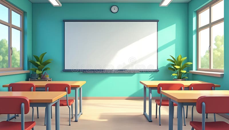 Modern Classroom Illustration Features Interactive Whiteboard, Desks ...