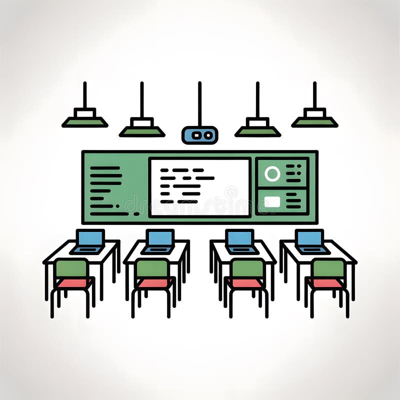 Modern Classroom Illustration Featuring Desks Chairs Laptops and ...
