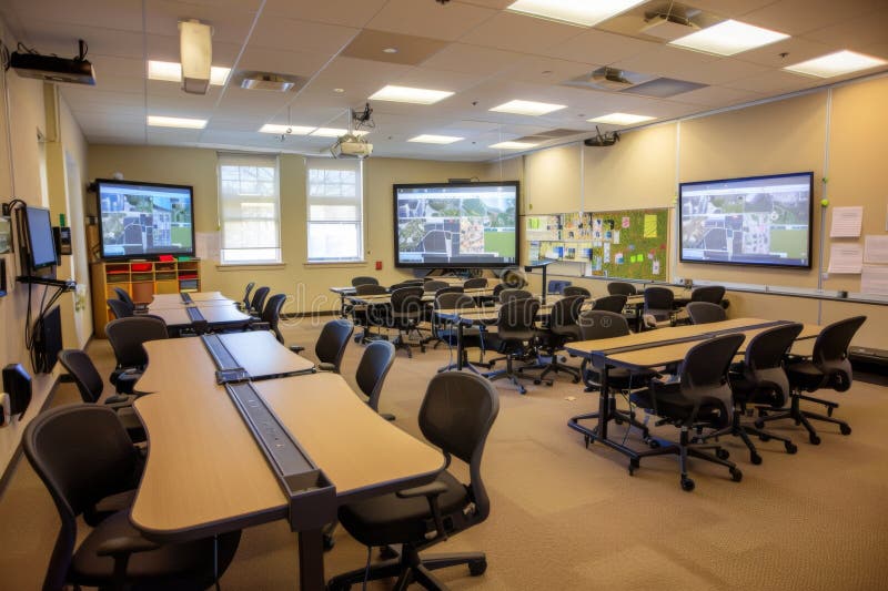 Modern Classroom with Interactive Digital Displays Stock Illustration ...