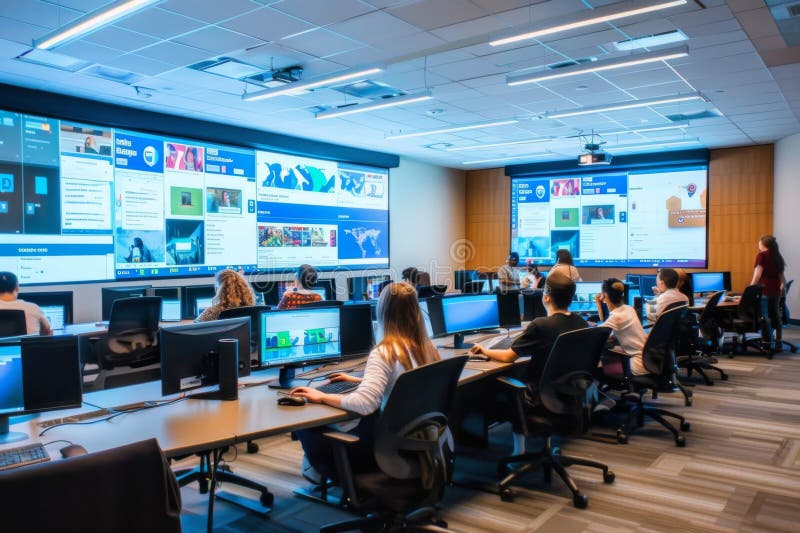 Modern Classroom with Interactive Digital Displays Stock Illustration ...