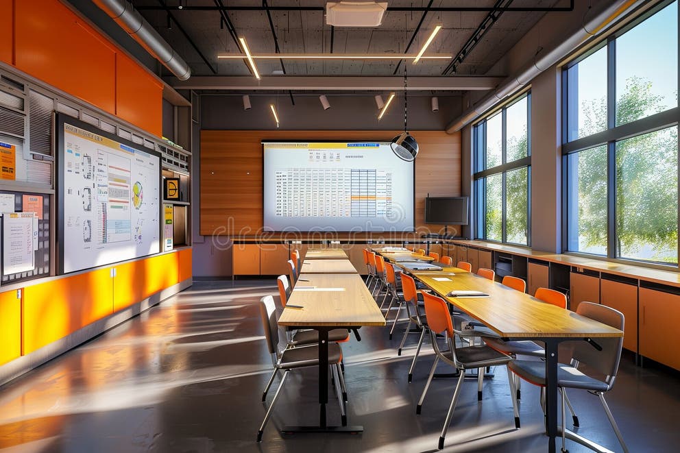 A Modern Classroom with Interactive Panels and AI Assistants, Designed for an Engaging and ...