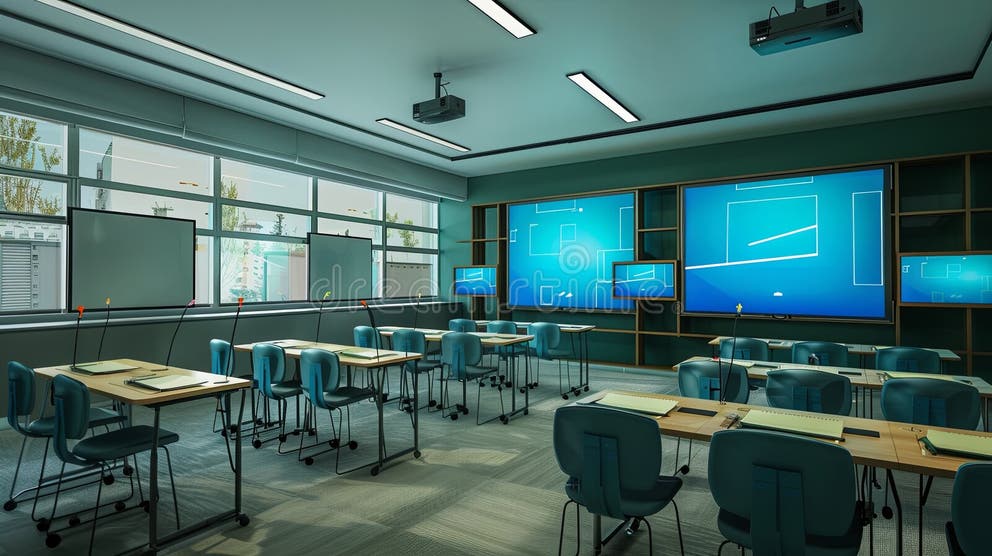 A Modern Classroom with Interactive Panels and AI Assistants for an ...