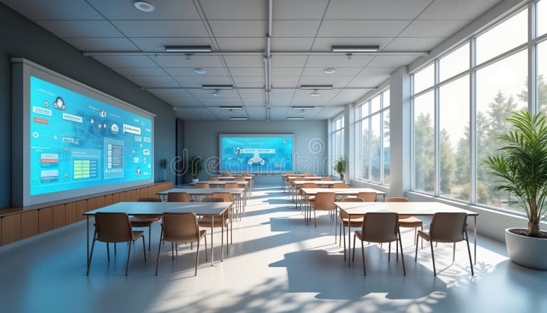 Modern Classroom with Interactive Panels, AI Assistants. Students, Teacher Use Tech-based ...