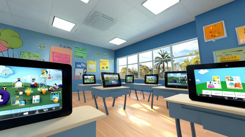 Modern Classroom with Interactive Tablets and Bright Educational ...