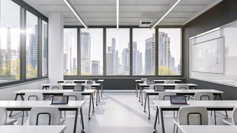 Modern Classroom Interior with City View and Empty Desks Stock Footage ...