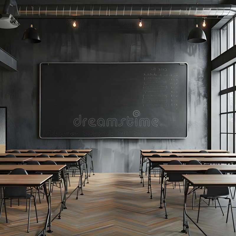 Modern Classroom Interior Design: Empty Desks and a Blackboard in a ...
