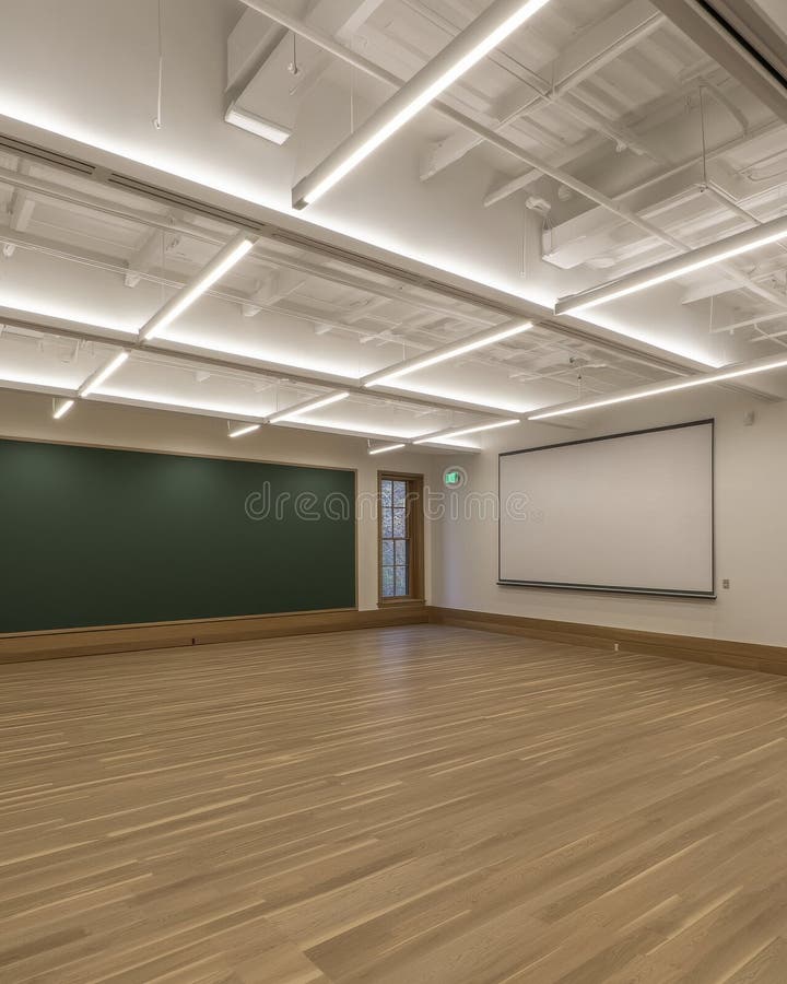 Modern Classroom Interior Design Featuring Bright Lighting and Green ...