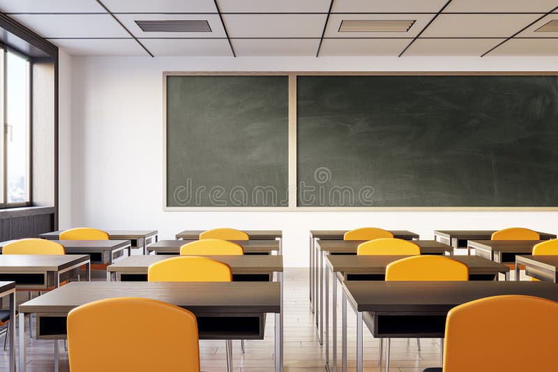 Modern Classroom Interior with Empty Desks and Blackboard. 3D Rendering ...