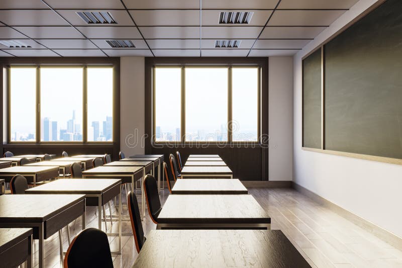 Modern Classroom Interior with Empty Desks and Chalkboard. 3D Rendering ...