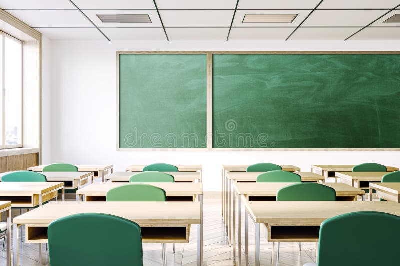 Modern Classroom Interior with Empty Desks and Green Chalkboard. 3D ...