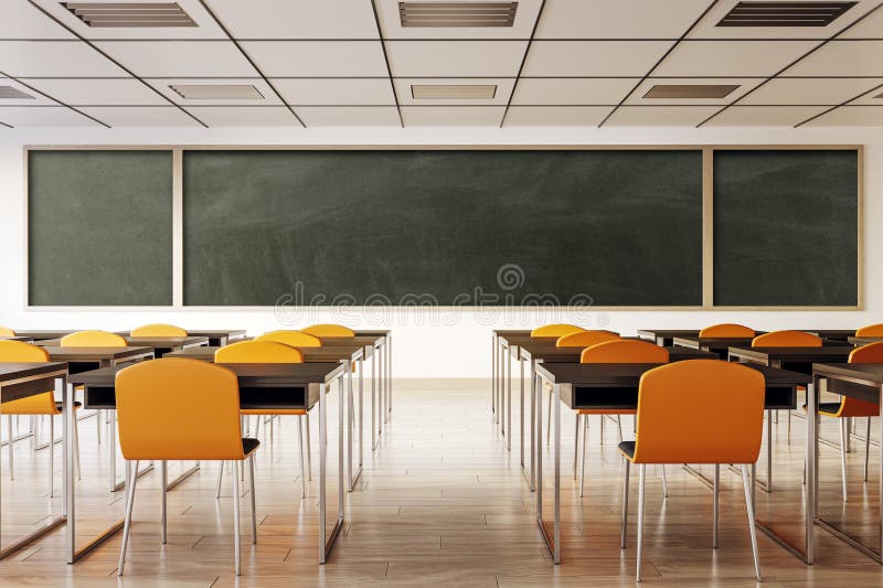 Modern Classroom Interior with Empty Desks and Large Blackboard. 3D ...