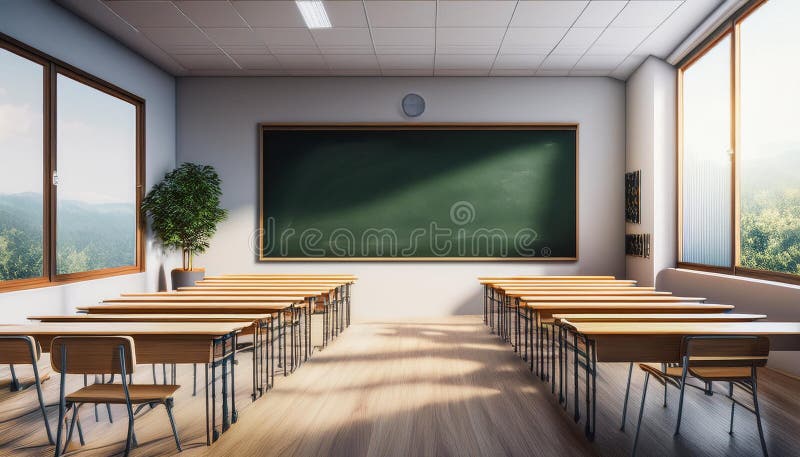 Modern Classroom Interior with Empty Wooden Desks and a Large ...