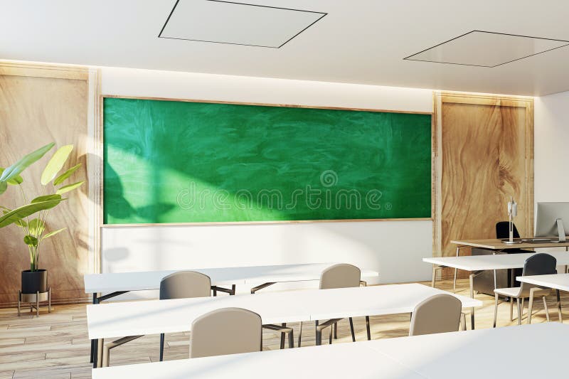 Modern Classroom Interior with a Green Chalkboard and Sunlight ...
