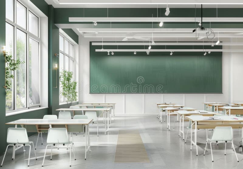 Modern Classroom Interior with Green Chalkboard and White Tables ...