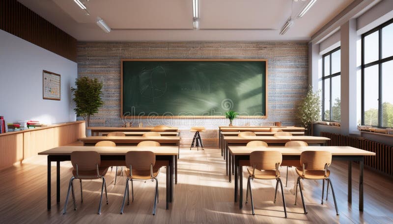 Modern Classroom Interior with Large Blackboard and Wooden Desks. 3D ...