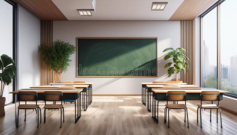 Modern Classroom Interior with Large Blackboard and Wooden Desks. 3D ...