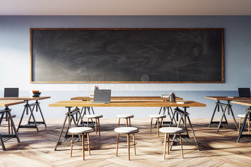 Modern Classroom Interior with Large Blackboard and Wooden Desks. 3D ...