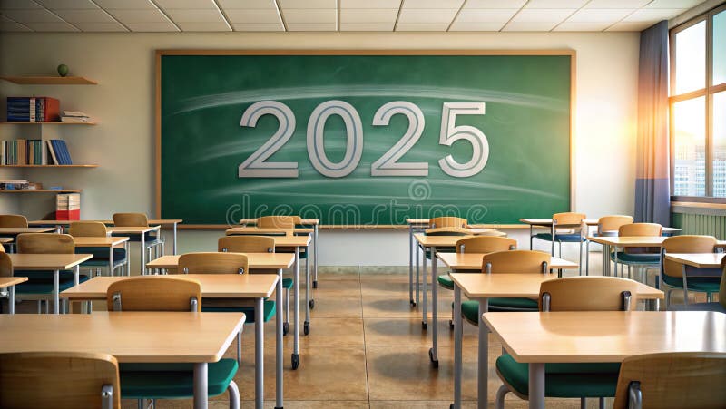Modern Classroom Interior with 2025 on Teal Chalkboard and Wooden Desks ...
