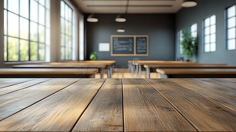 Modern Classroom Interior View with Wooden Desks and Chalkboard Stock ...
