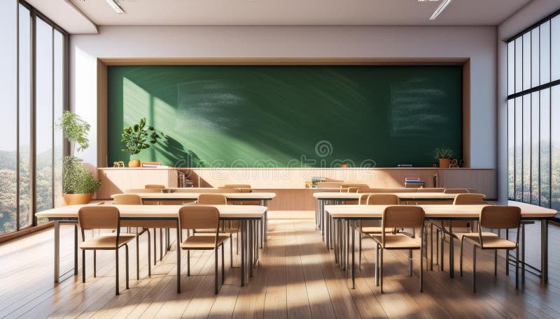 Modern Classroom Interior with Wooden Desks and Green Chalkboard. 3D ...