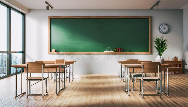 Modern Classroom Interior with Wooden Desks and Green Chalkboard. 3D ...
