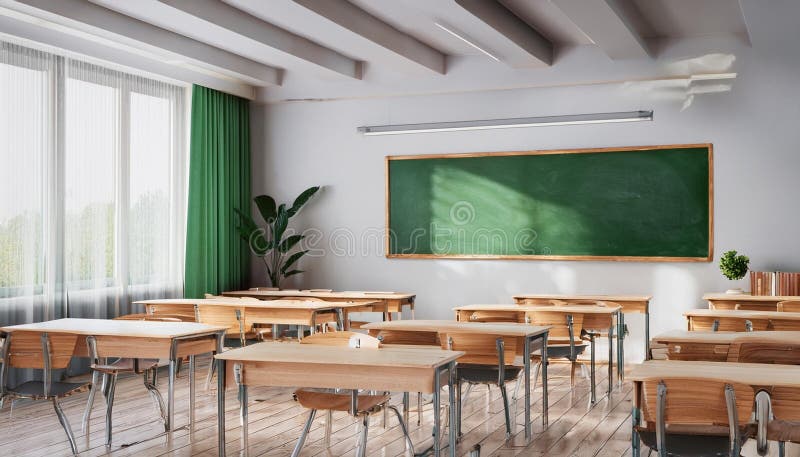 Modern Classroom Interior with Wooden Desks and Green Chalkboard. 3D ...