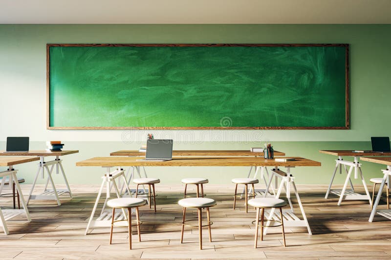 Modern Classroom Interior with Wooden Tables, Stools, and Large Green ...