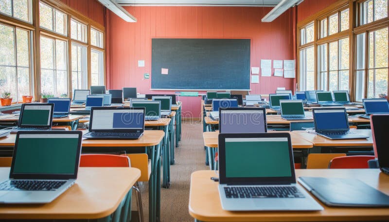 Modern Classroom with Laptops on Each Desk is Ready for Students Stock ...