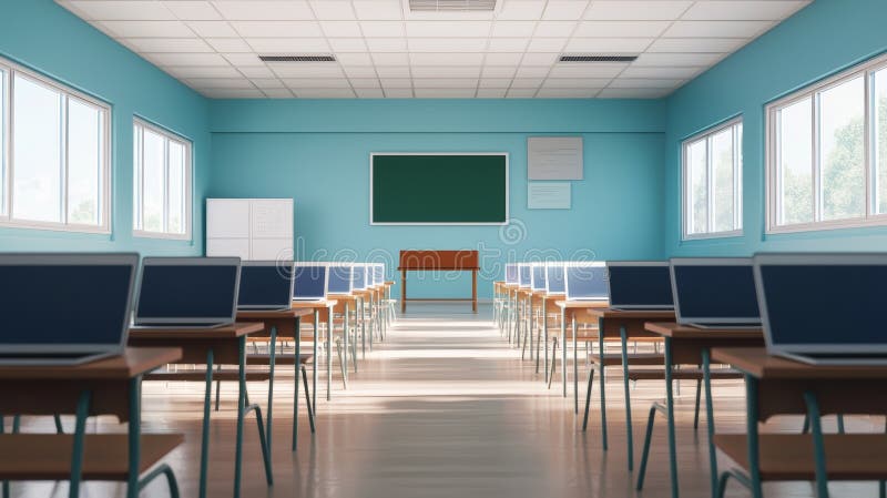Modern Classroom with Laptops and Large Windows Stock Illustration ...