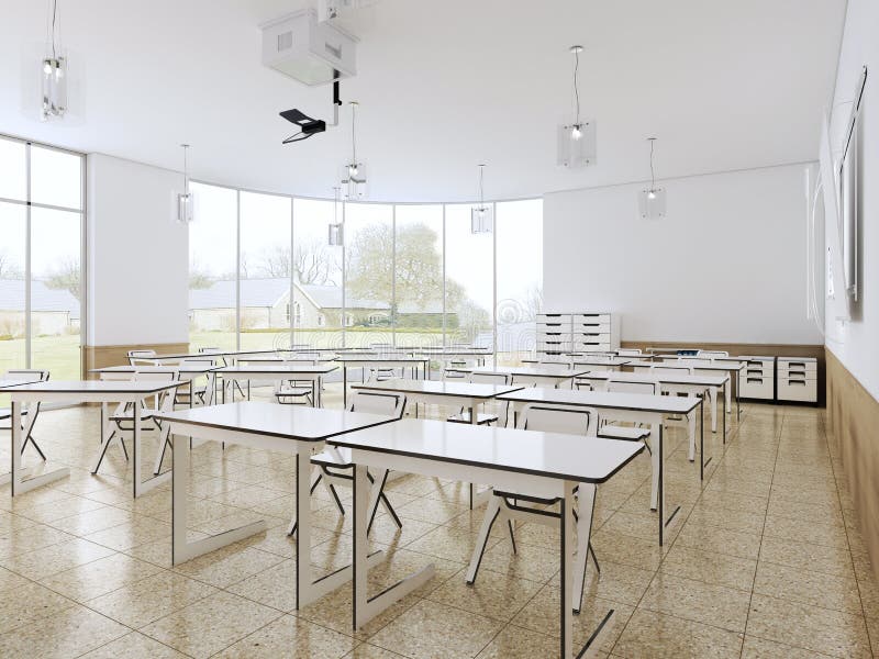 Modern Classroom with Large Panoramic Windows and White Desks, Bright ...
