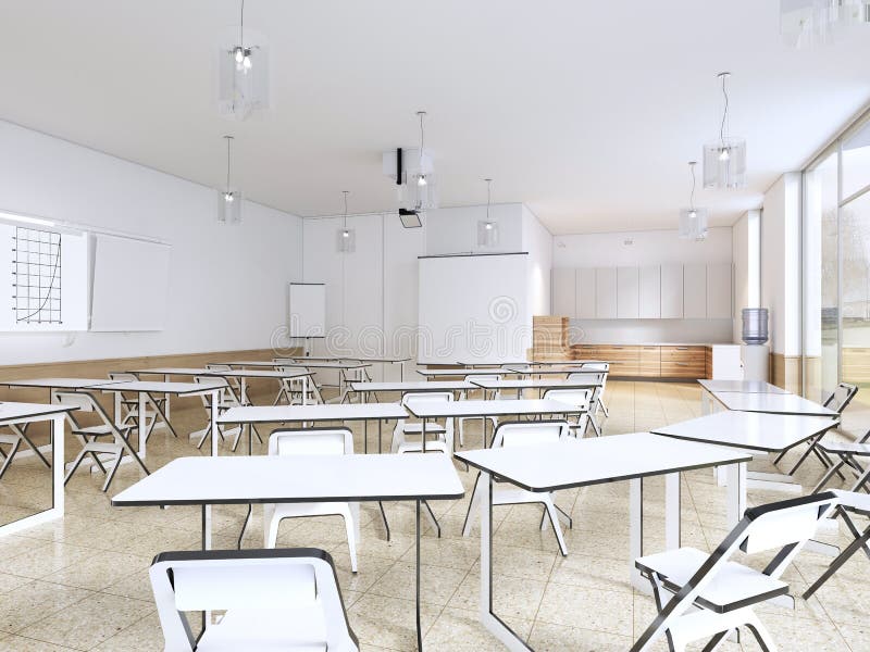 Modern Classroom with Large Panoramic Windows and White Desks, Bright ...