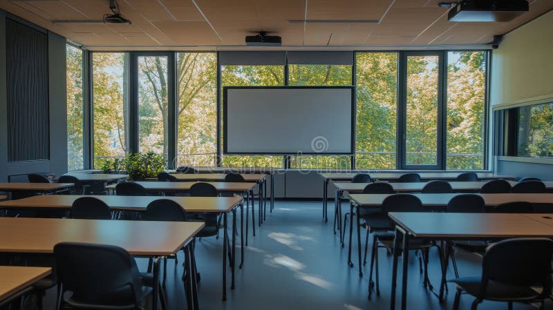 A Modern Classroom with Large Windows and Desks Arranged for Learning ...